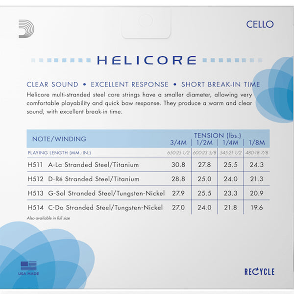 D'Addario Helicore Cello String Set, 1/2 Scale, Medium Tension, Bulk 1 ...